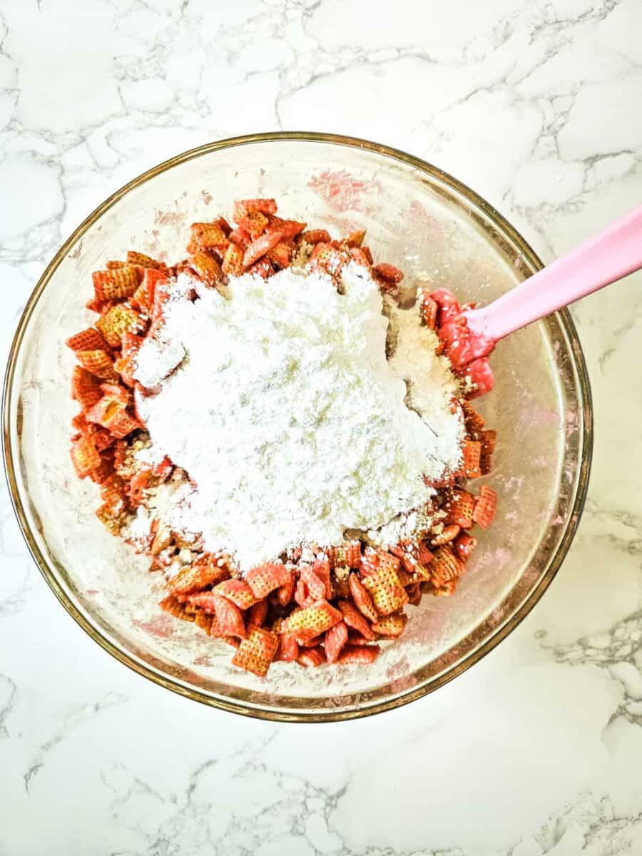 Pink Puppy Chow Chex Mix Recipe · Artsy Fartsy Life