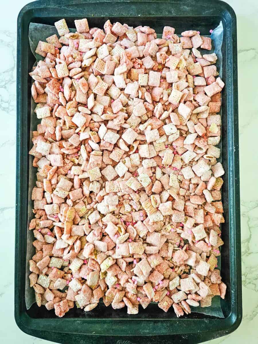Pink Puppy Chow Chex Mix Recipe · Artsy Fartsy Life