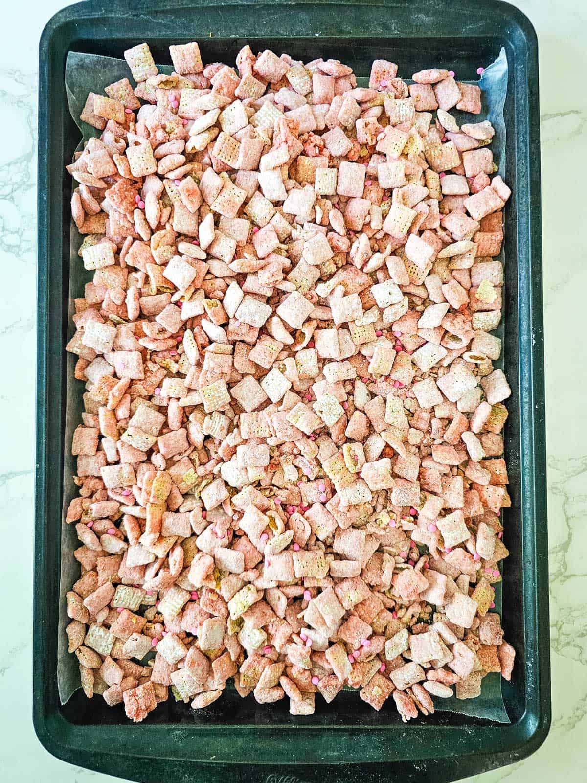 Pink Puppy Chow Chex Mix Recipe · Artsy Fartsy Life