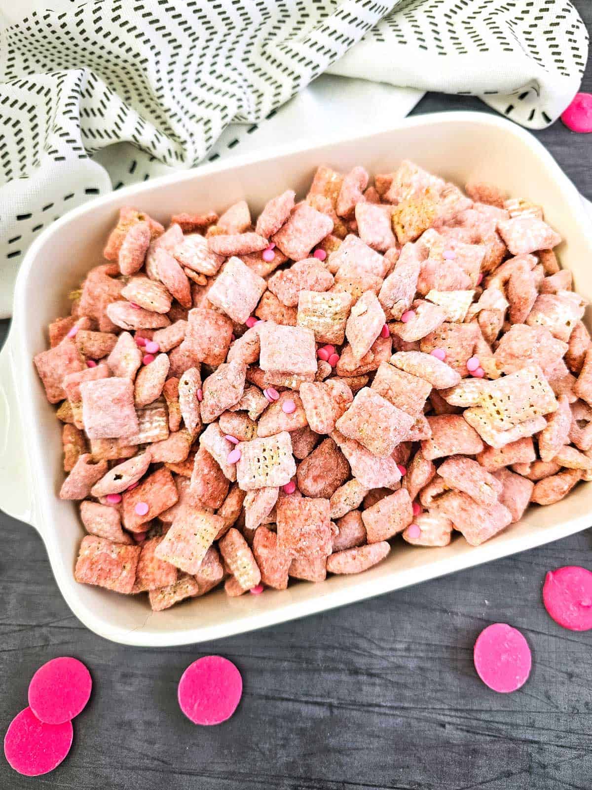 Pink Puppy Chow Chex Mix Recipe · Artsy Fartsy Life